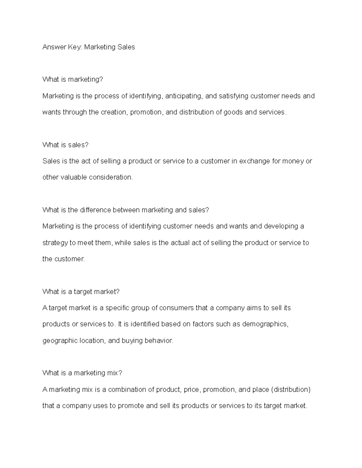 Answer Key Marketing Sales - Answer Key: Marketing Sales What is ...