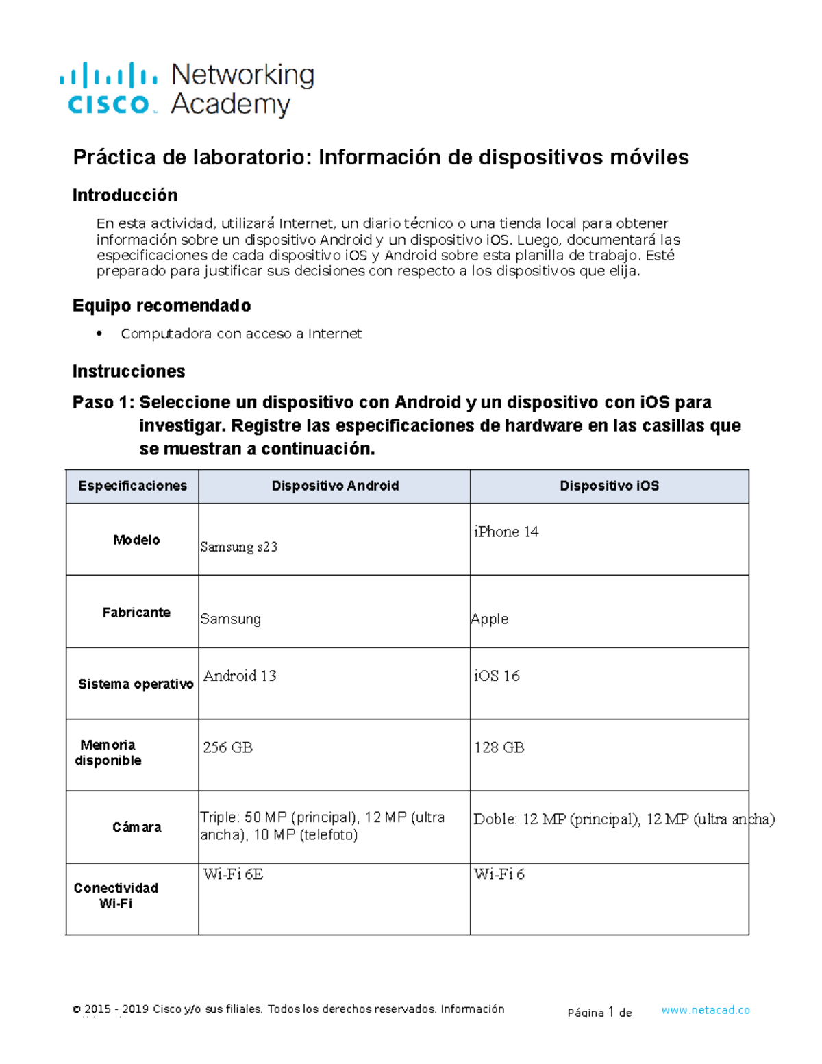 7.1.1.10 Lab - Mobile Device Information - 2015 - 2019 Cisco y/o sus filiales. Todos los ...