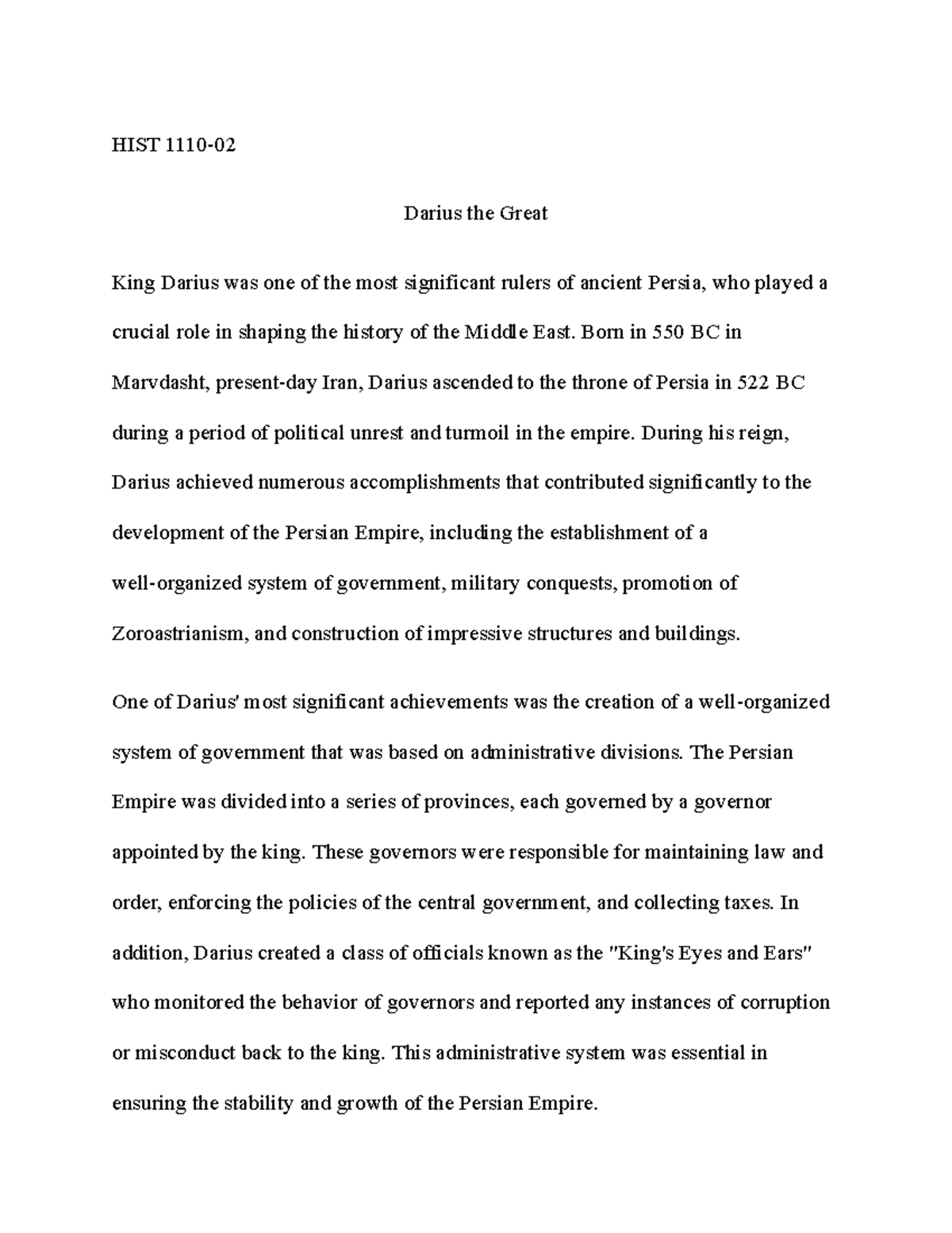 Ancient Med. History - Darius the Great - HIST 1110- Darius the Great ...