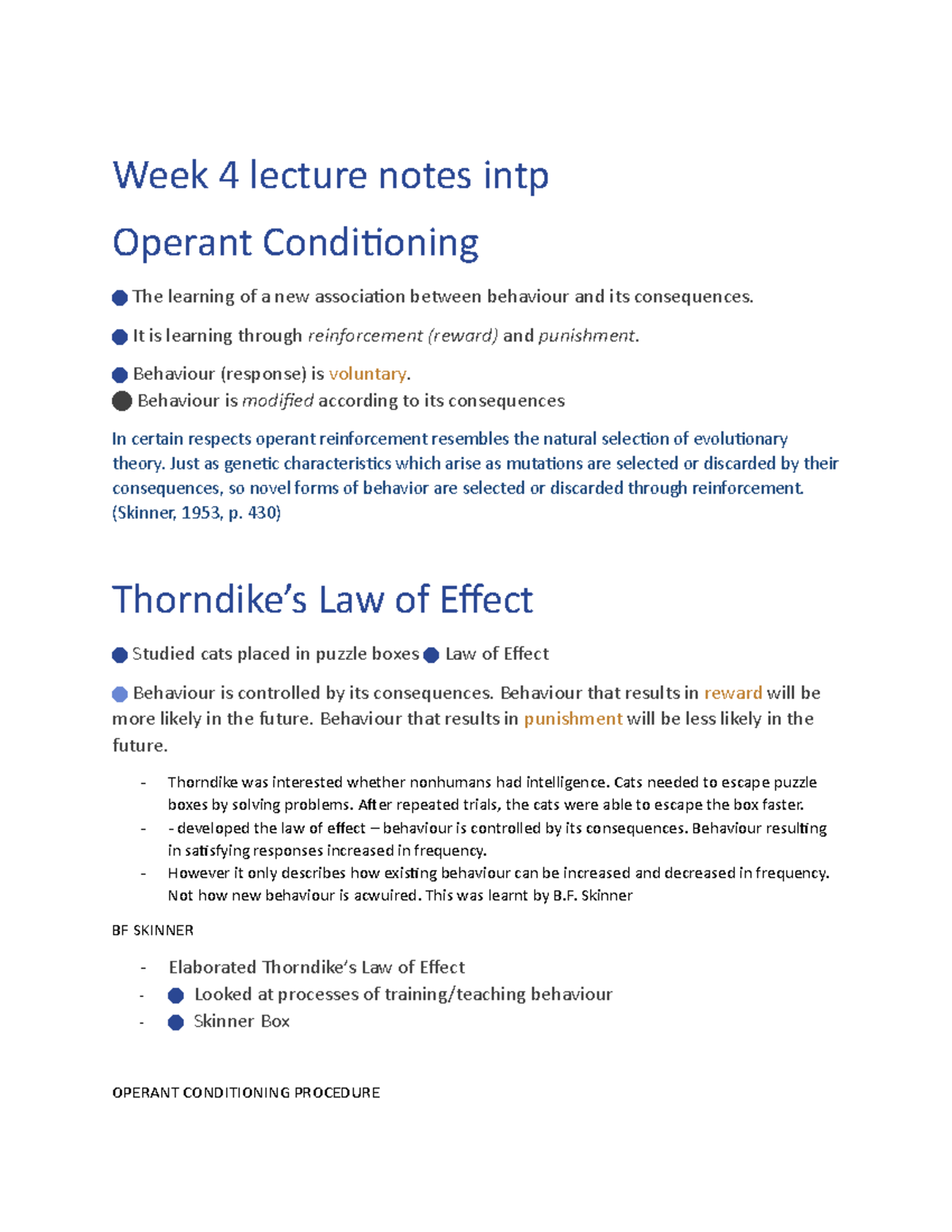 Week 4 lecture notes intp - Week 4 lecture notes intp Operant Condi琀椀 ...
