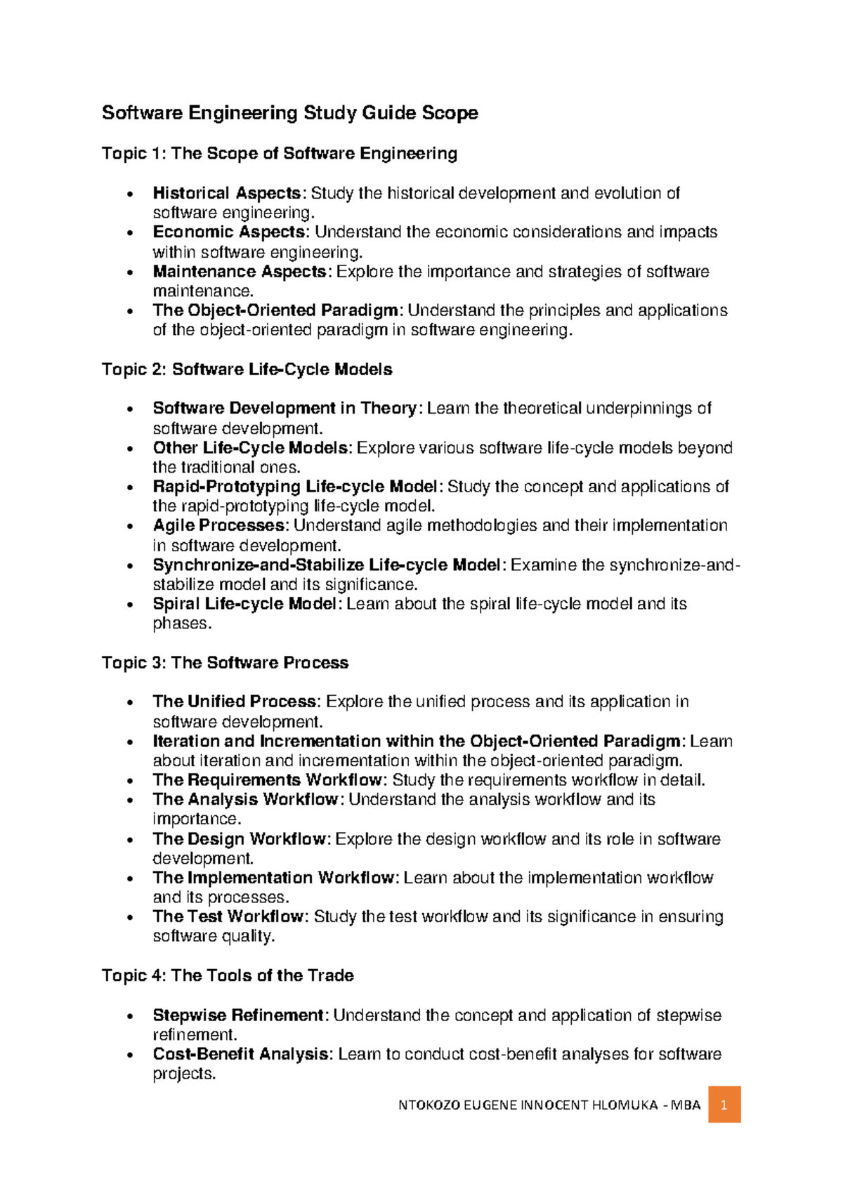 Software Engineering Study Guide Scope - Economic Aspects: Understand ...