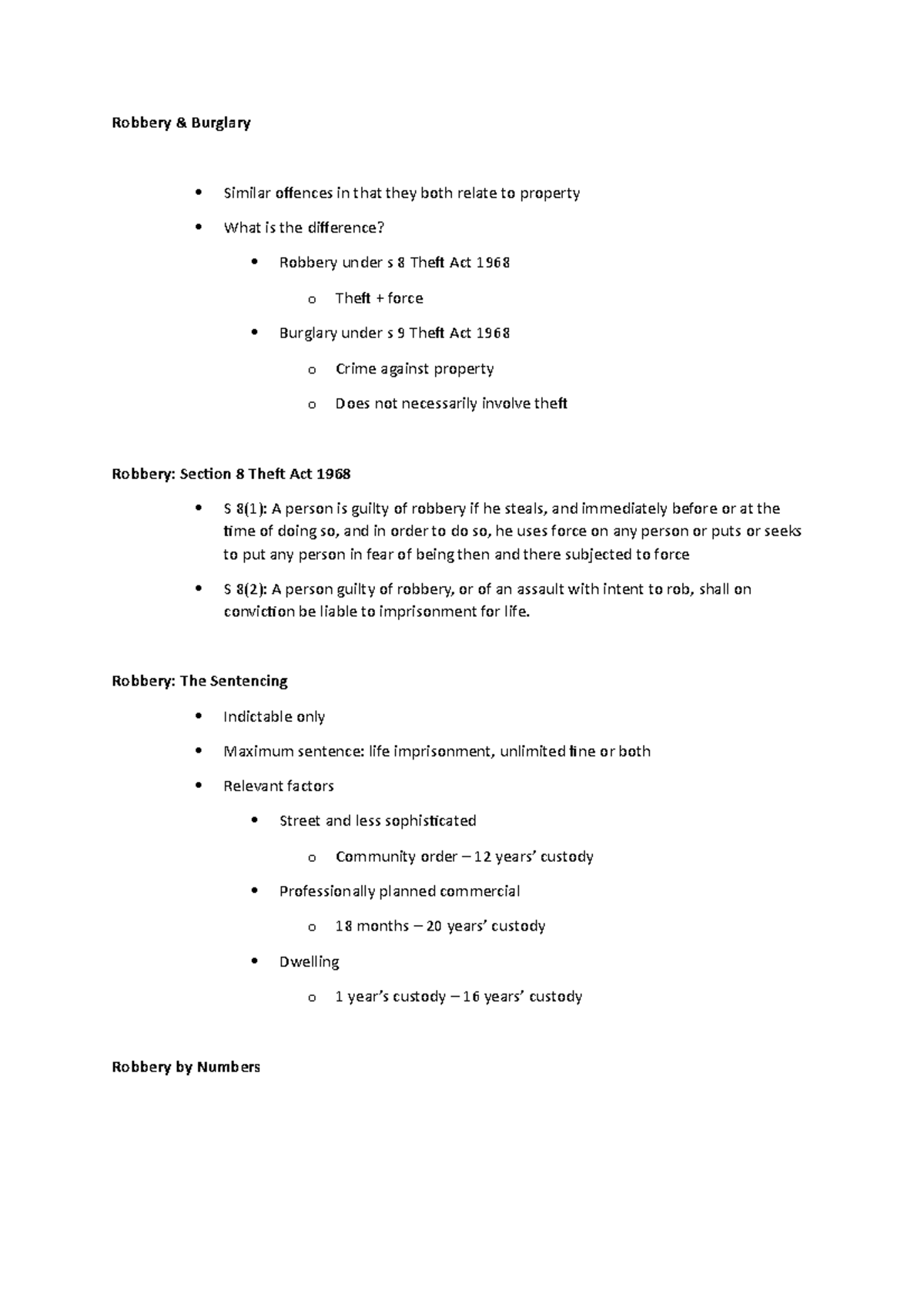 Robbery and Bulgary - Complete lecture and seminar notes summarised ...