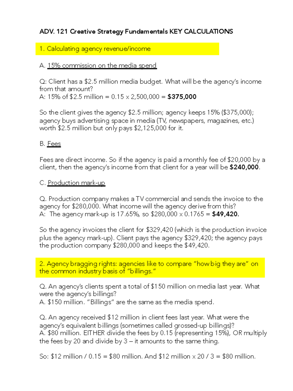 ADV 121 Key calculations - ADV. 121 Creative Strategy Fundamentals KEY ...