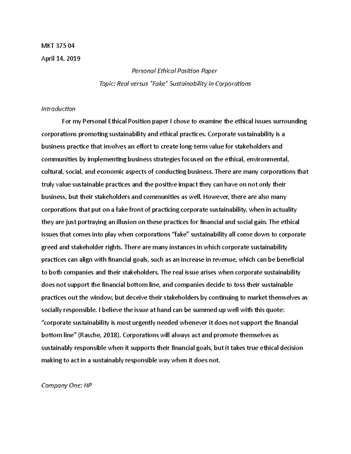 MKT 375 Personal Ethical Position Paper - MKT 375 04 April 14, 2019 ...