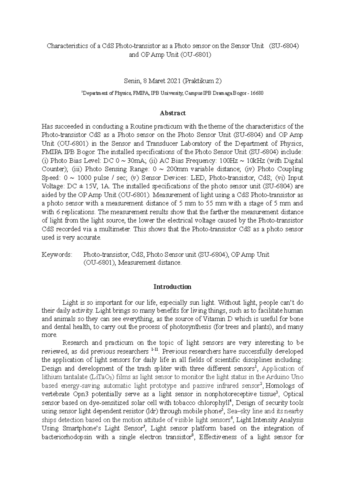 Characteristics of a CdS Photo-transistor as a Photo sensor on the ...