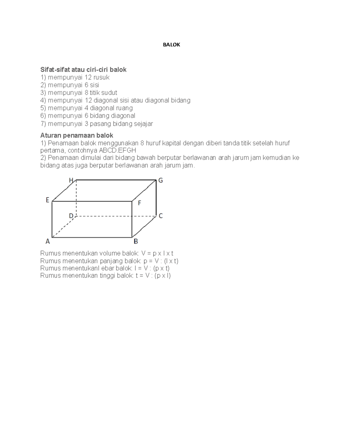 Balok - Materi Bangun Ruang Sisi Datar - BALOK Sifat-sifat atau ciri-ciri balok mempunyai 12 ...