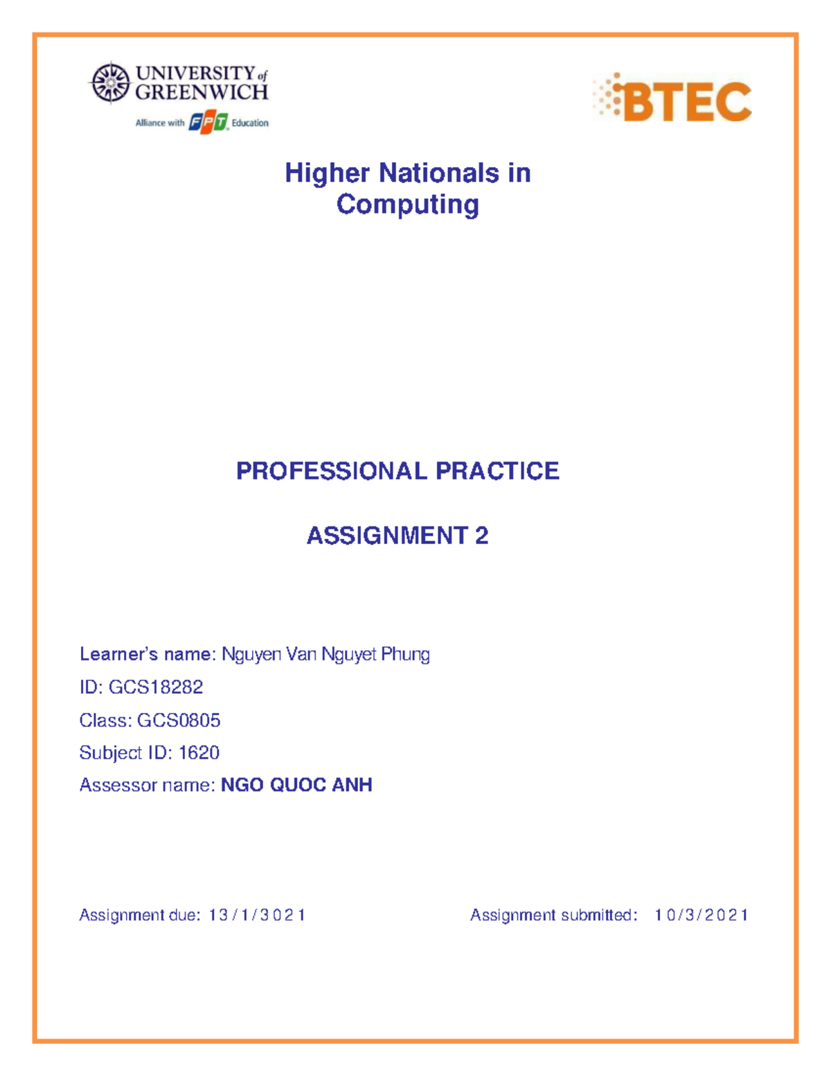 1620 GCS18282 Nguyen Van Nguyet Phung Assignment 2 - Higher Nationals in Computing PROFESSIONAL ...