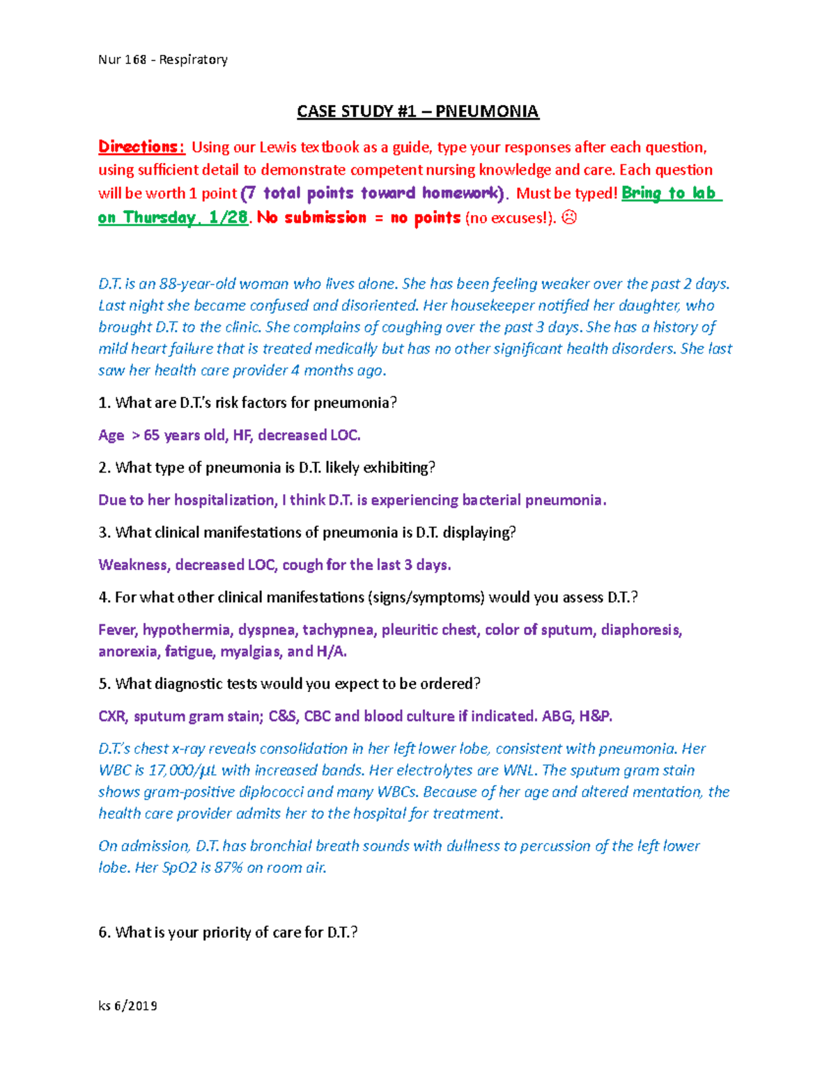 Case Study - Pneumonia - Nur 168 - Respiratory CASE STUDY #1 ...