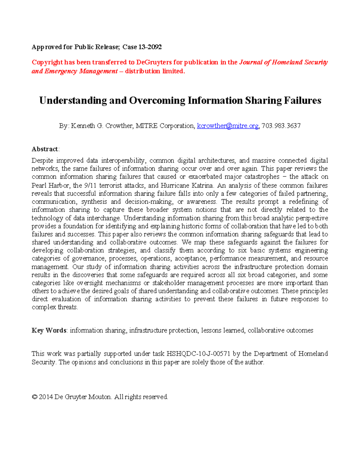 Crowther 2014-Overcoming Info Sharing Failure- Jhsem - Approved for ...