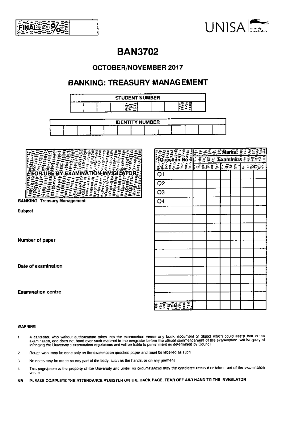 BAN3702 2017 10 E 1 - BAN3702 - Unisa - Studocu