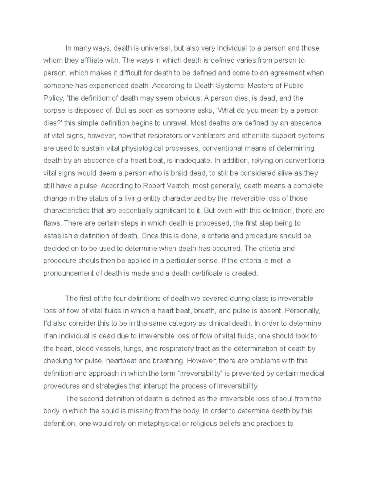 In Class Lecture Notes - In many ways, death is universal, but also ...