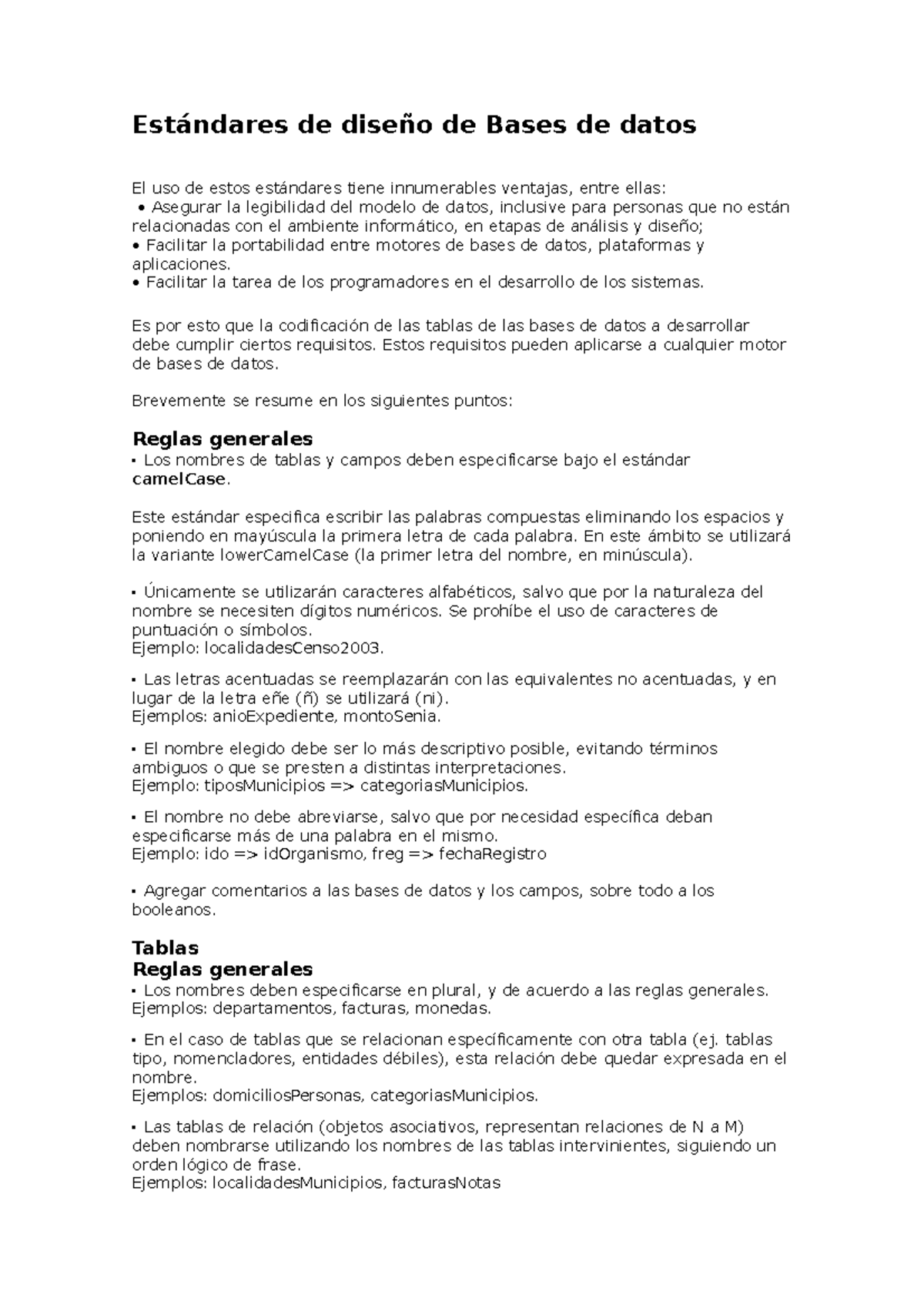 Estandares de diseno de Bases de datos - Estándares de diseño de Bases de datos El uso de estos ...