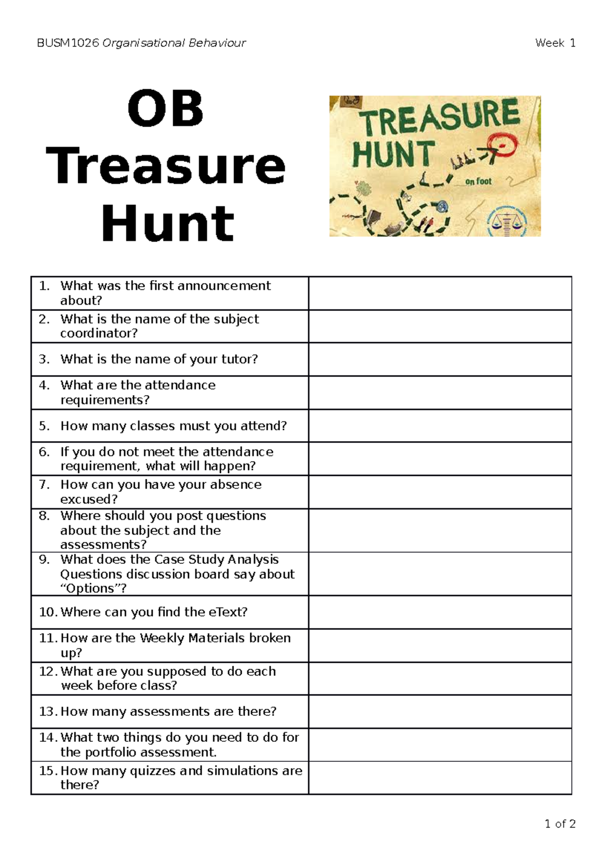 OB Week 1 Treasure Hunt 2022.1 - BUSM1026 Organisational Behaviour Week ...