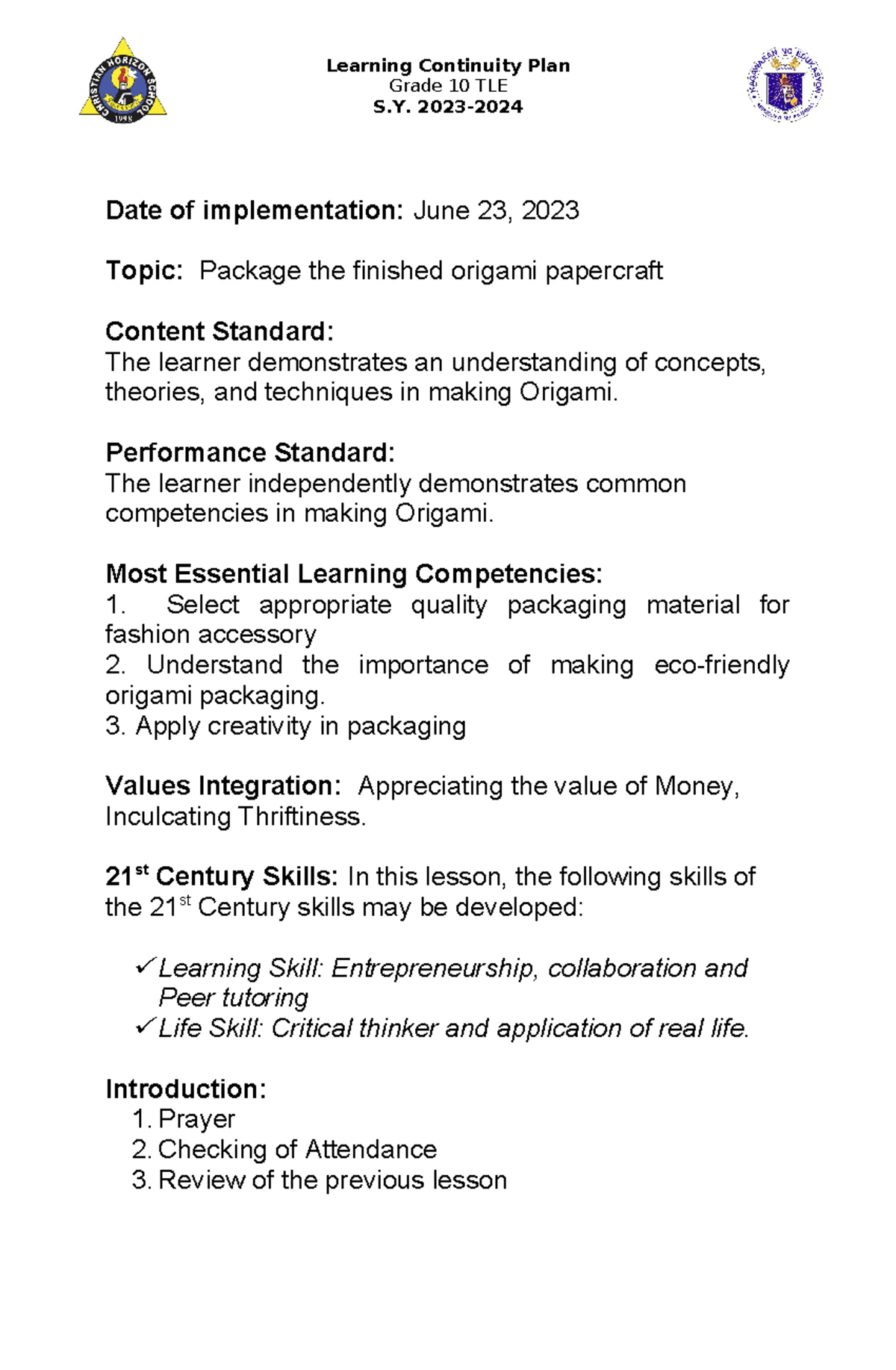 Lesson Plan Materials - Learning Continuity Plan Grade 10 TLE S. 2023 ...