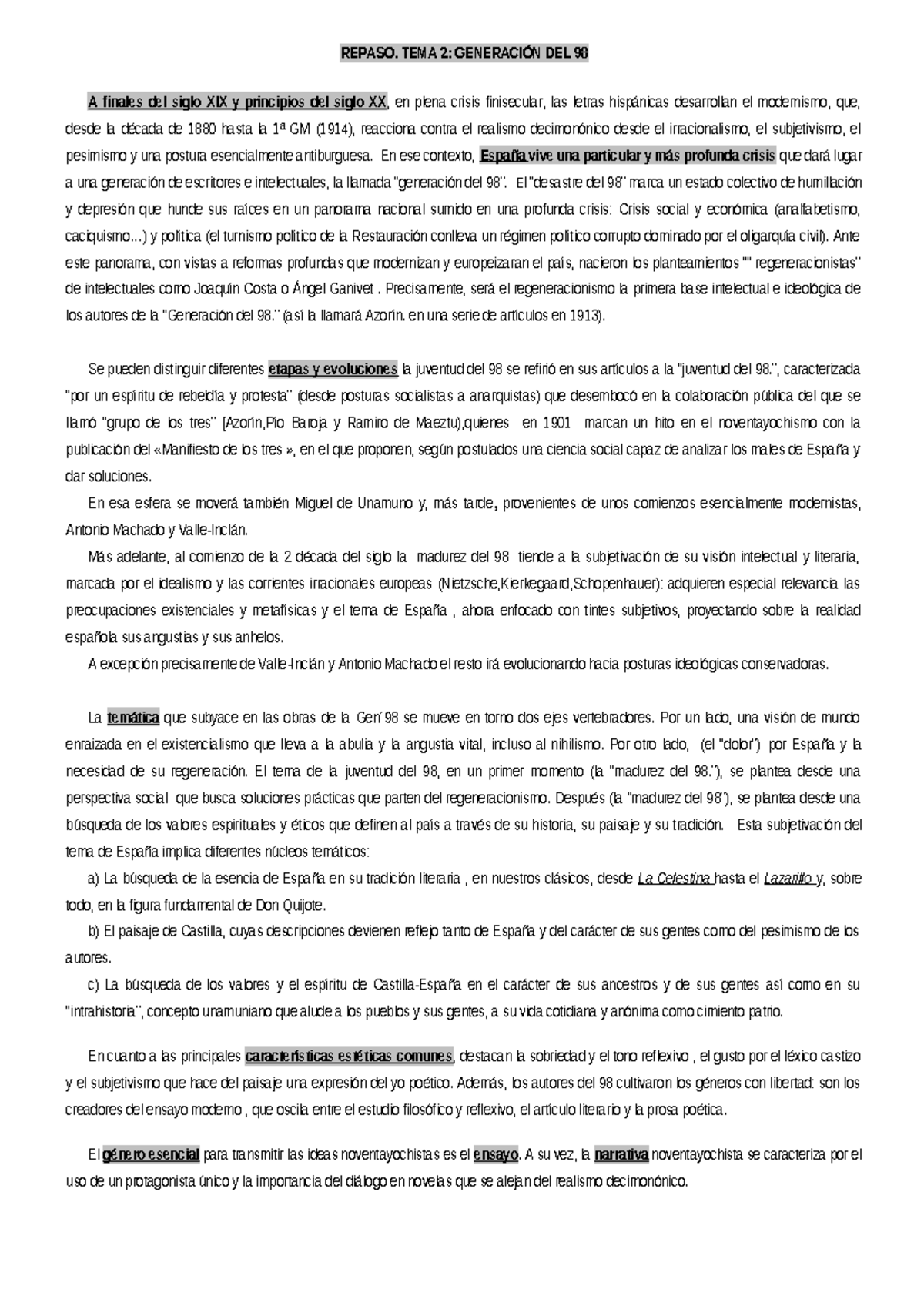 2. Repaso. Gen´98 - REPASO. TEMA 2: GENERACIÓN DEL 98 A finales del ...