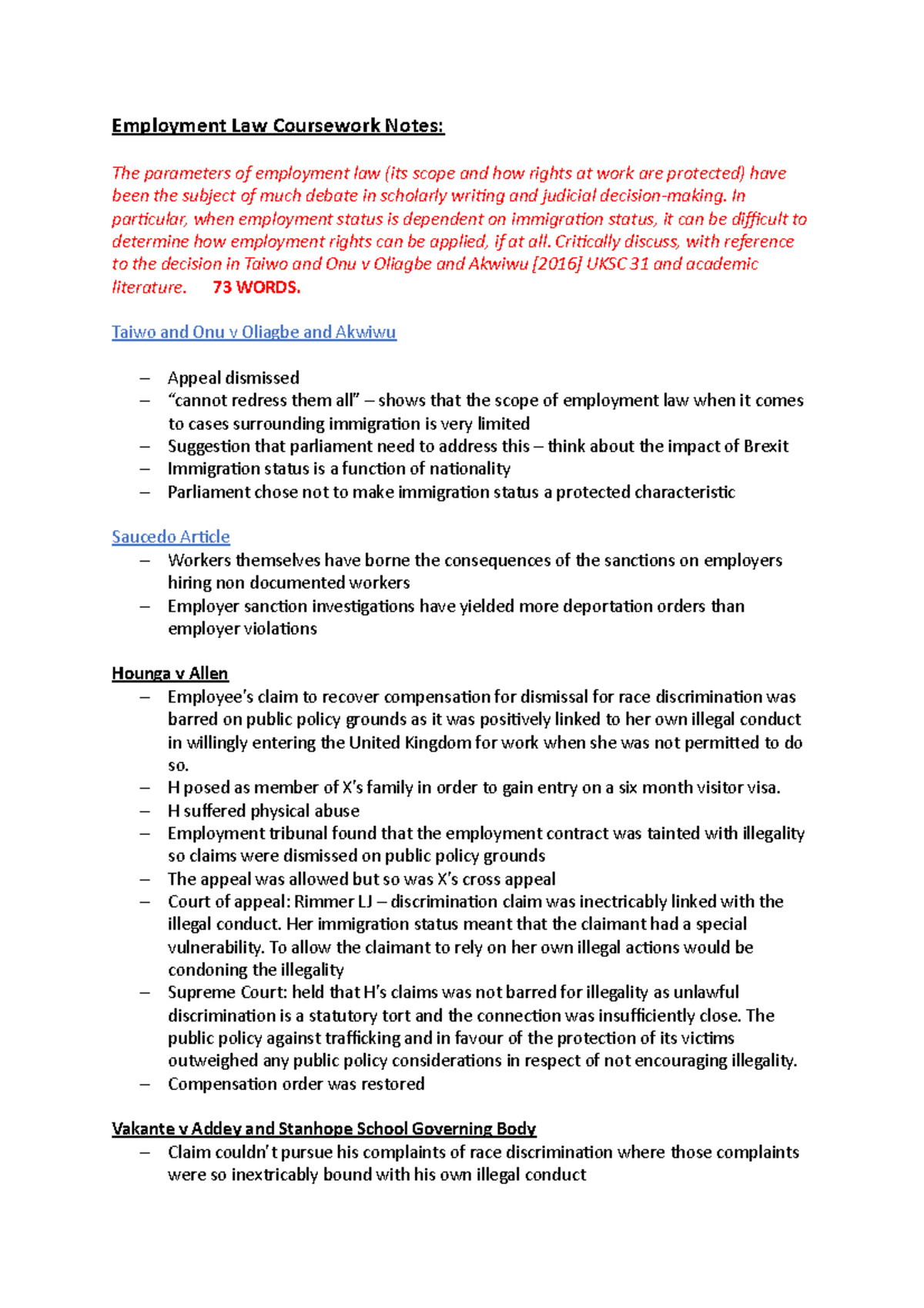 Employment Law Coursework Notes - In particular, when employment status ...