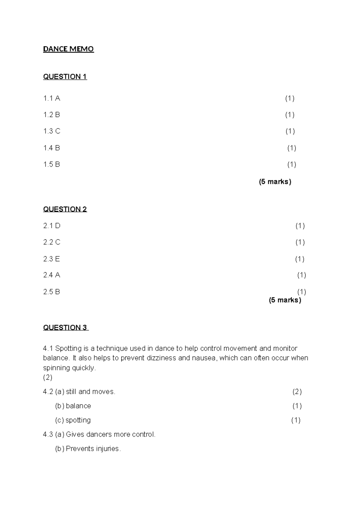 Grade 8 CA - Dance MEMO - DANCE MEMO QUESTION 1 1 A (1) 1 B (1) 1 C (1 ...