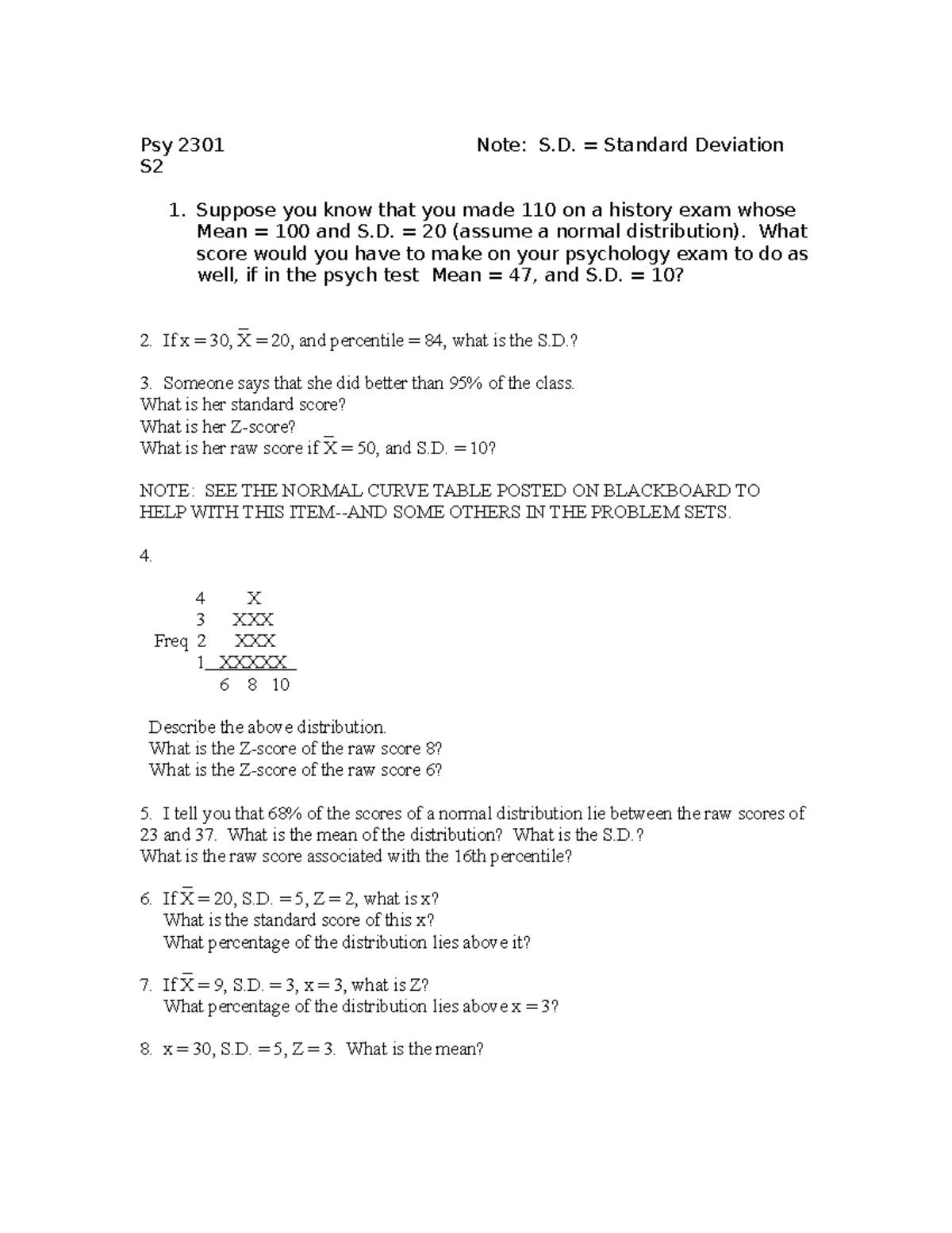 Z-score problem set - Z score practice - Psy 2301 Note: S. = Standard ...