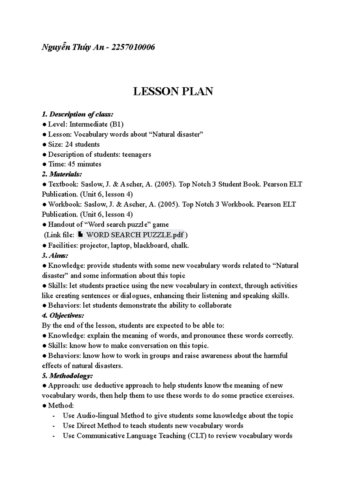 Lesson plan - Nguyễn Thúy An - 2257010006 LESSON PLAN Description of ...
