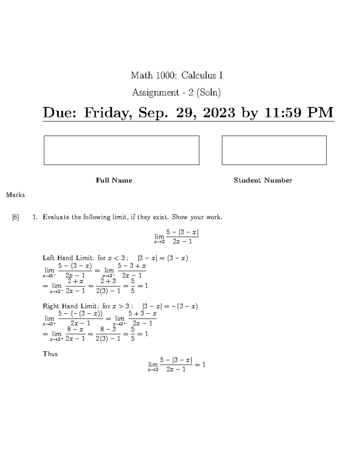 MATH 1000 - Assignment-2-Soln - Math 1000: Calculus I Assignment - 2 ...