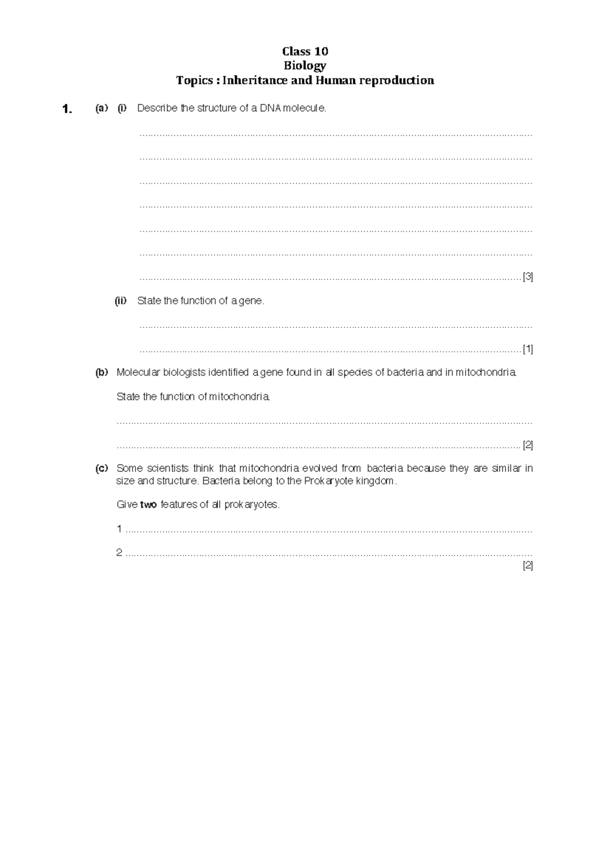 Class 10 Revision sheet Inheritance Human reproduction - Class 10 ...