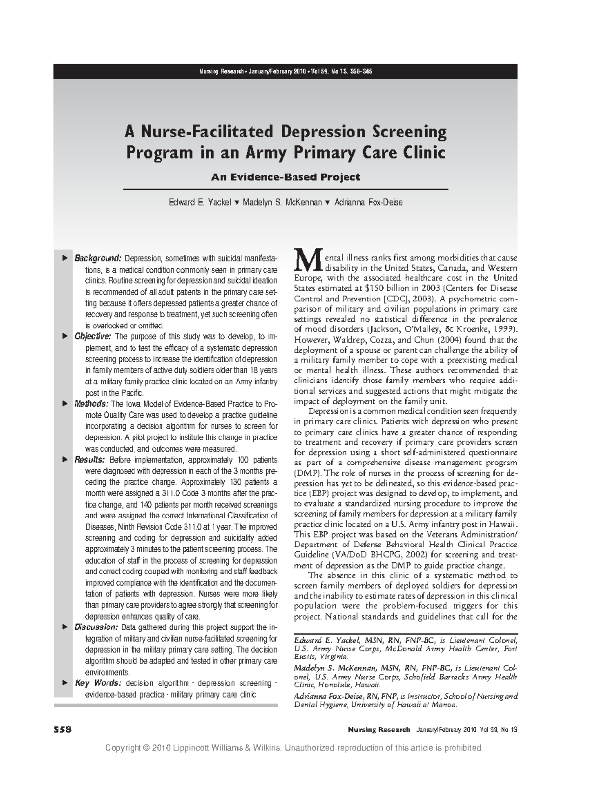A nurse faciliated depression screening Yackel - Nursing Research ...