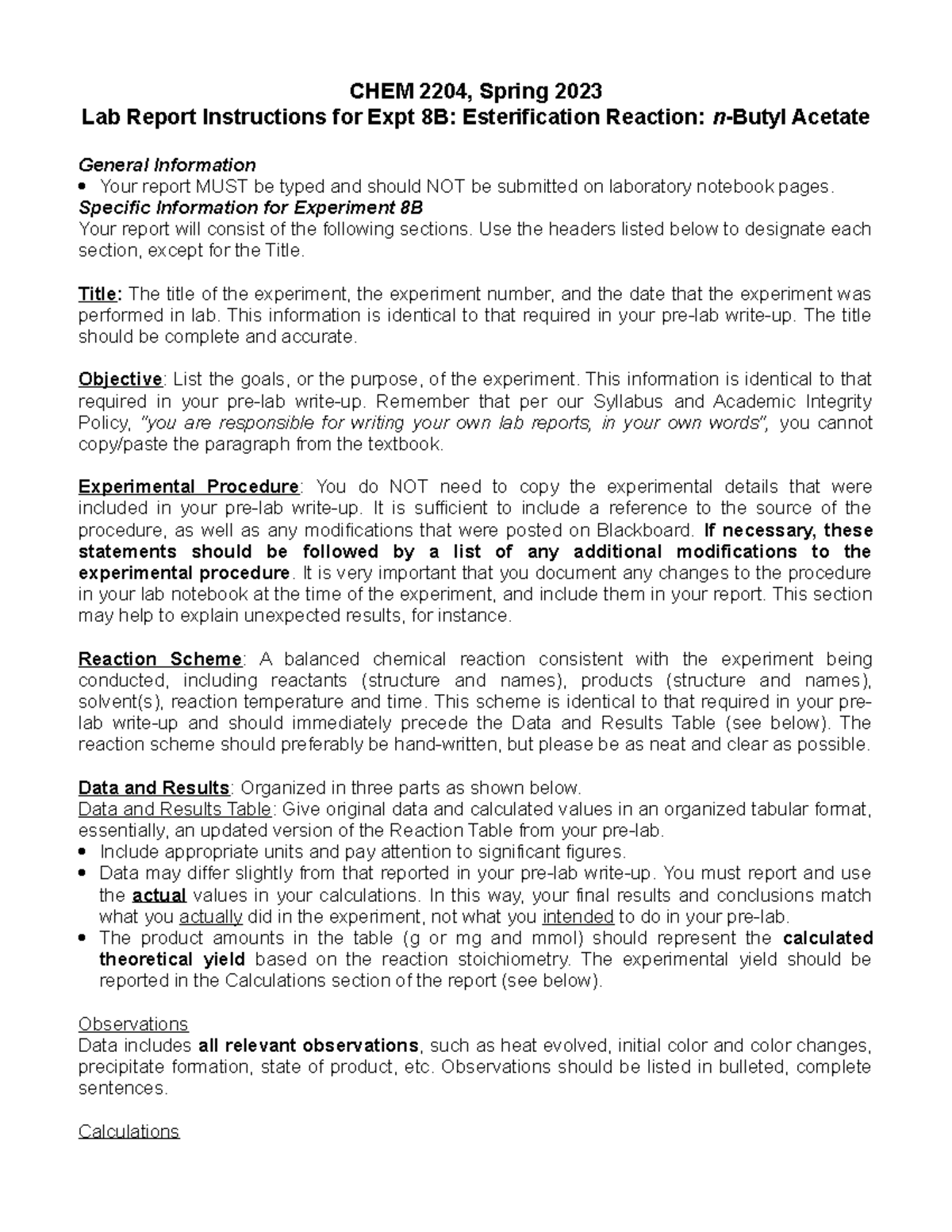 Esterification Lab Report Spring 2023 - CHEM 2204, Spring 2023 Lab ...