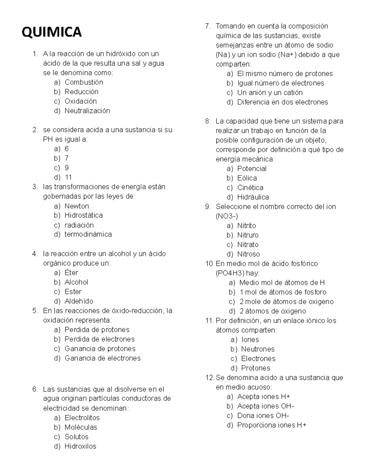 Examen de muestra/práctica 2017, preguntas y respuestas - QUIMICA 1. A ... Examen de muestra/práctica 2017, preguntas y respuestas - QUIMICA 1. A ...