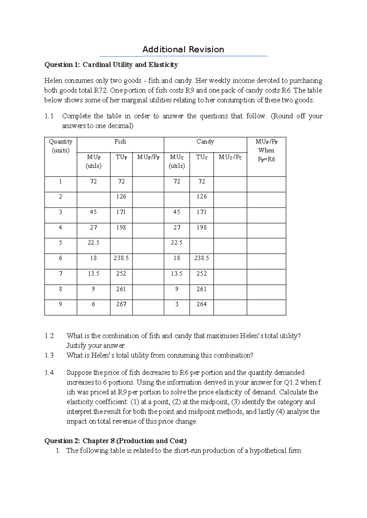 Exam preparations - Additional Revision Question 1: Cardinal Utility ...