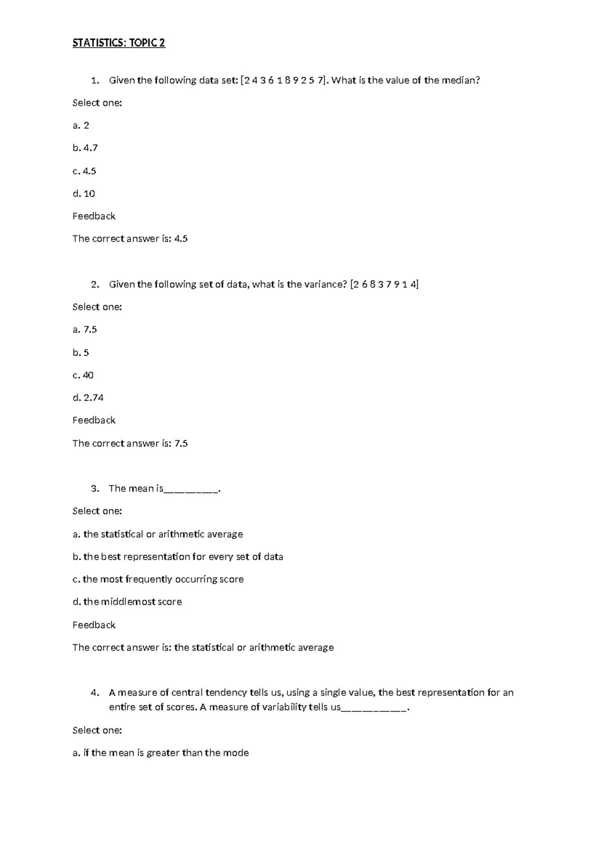Topic 2 Review - Summary Business Statistics - Given the following data ...
