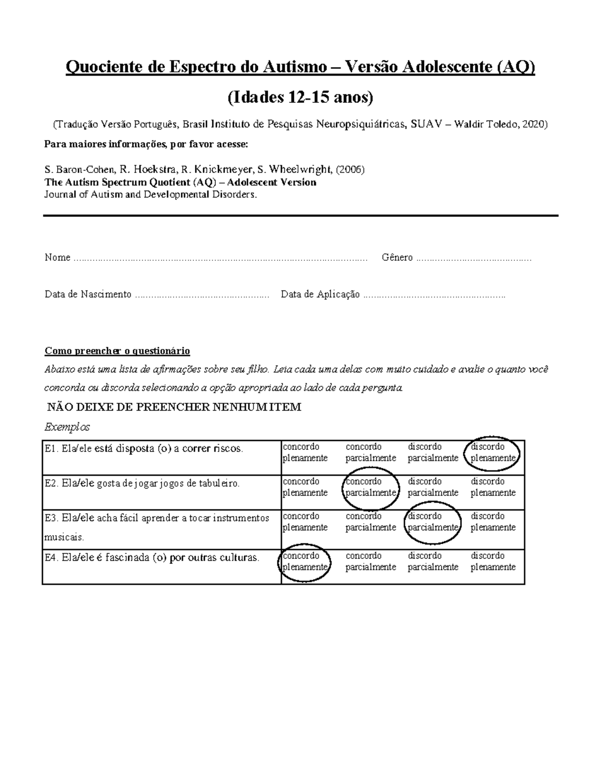 AQ Adolescent Portugues Brasil Adolescente Escala Autismo - Quociente ...