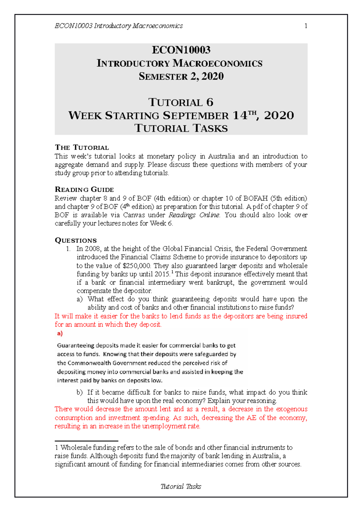 T6 Intutorial 2020 - tute 6 - ECON INTRODUCTORY MACROECONOMICS SEMESTER 2, 2020 TUTORIAL 6 WEEK ...