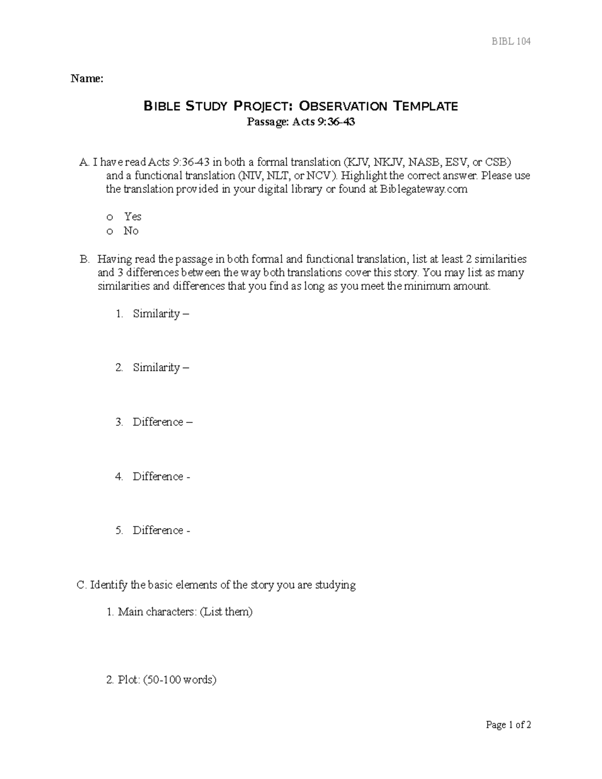 Bible Study Project Observation Template - BIBL 104 Name: BIBLE STUDY ...