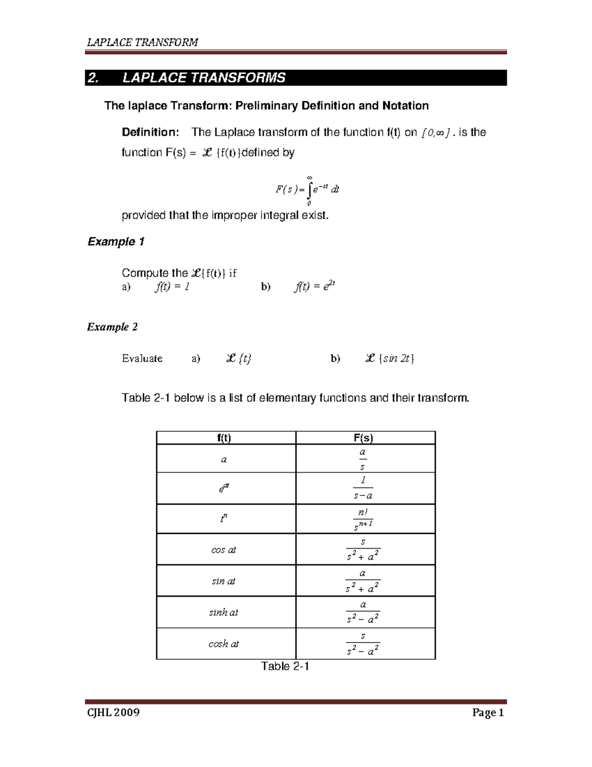 2. Laplace Transform - 2. LAPLACE TRANSFORMS ####### The laplace Transform: Preliminary ...