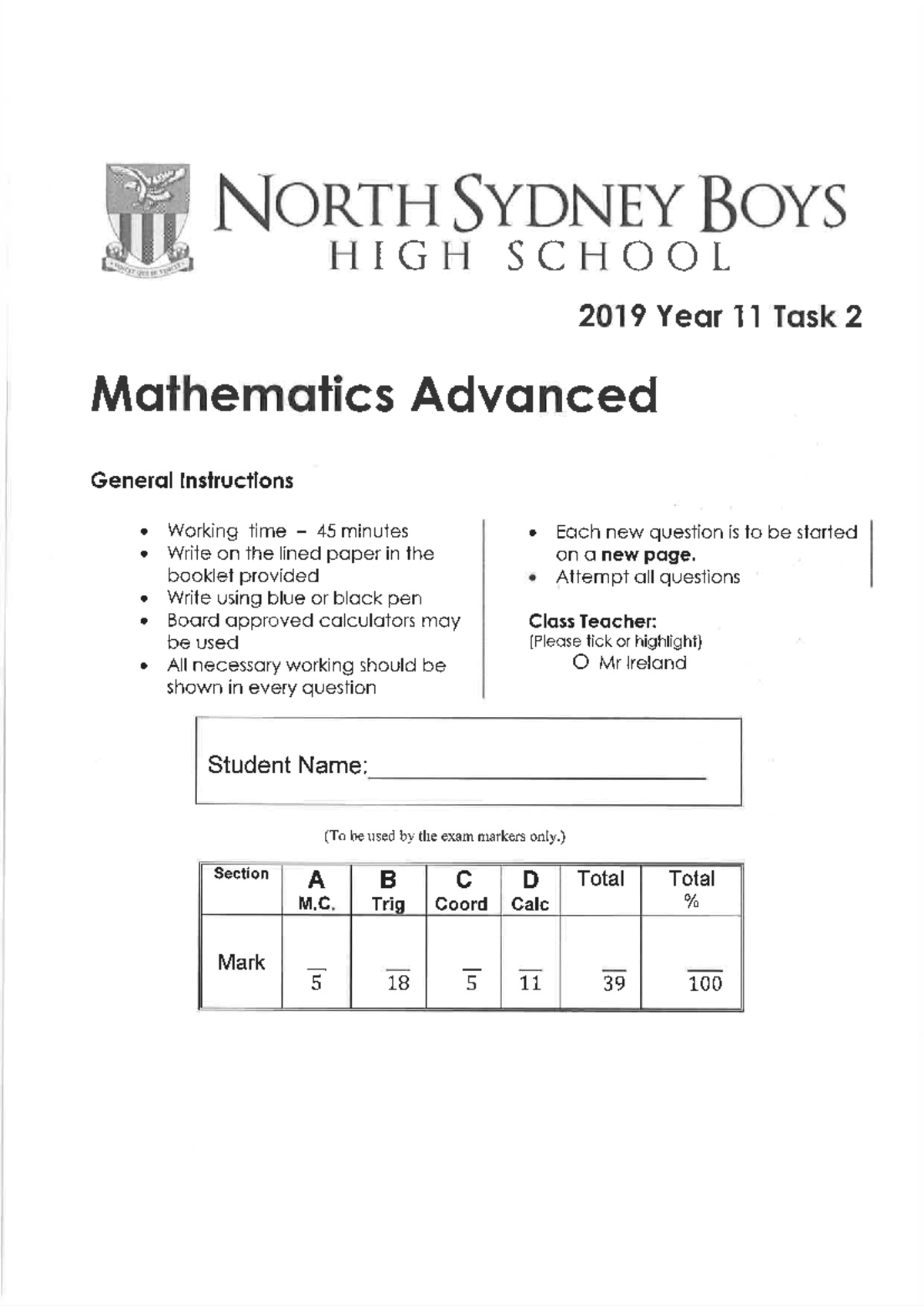 2019 North Sydney Boys Y11 2U Task 2 - NORTH SYDNEY BOYS HIGH S CHOOL ...