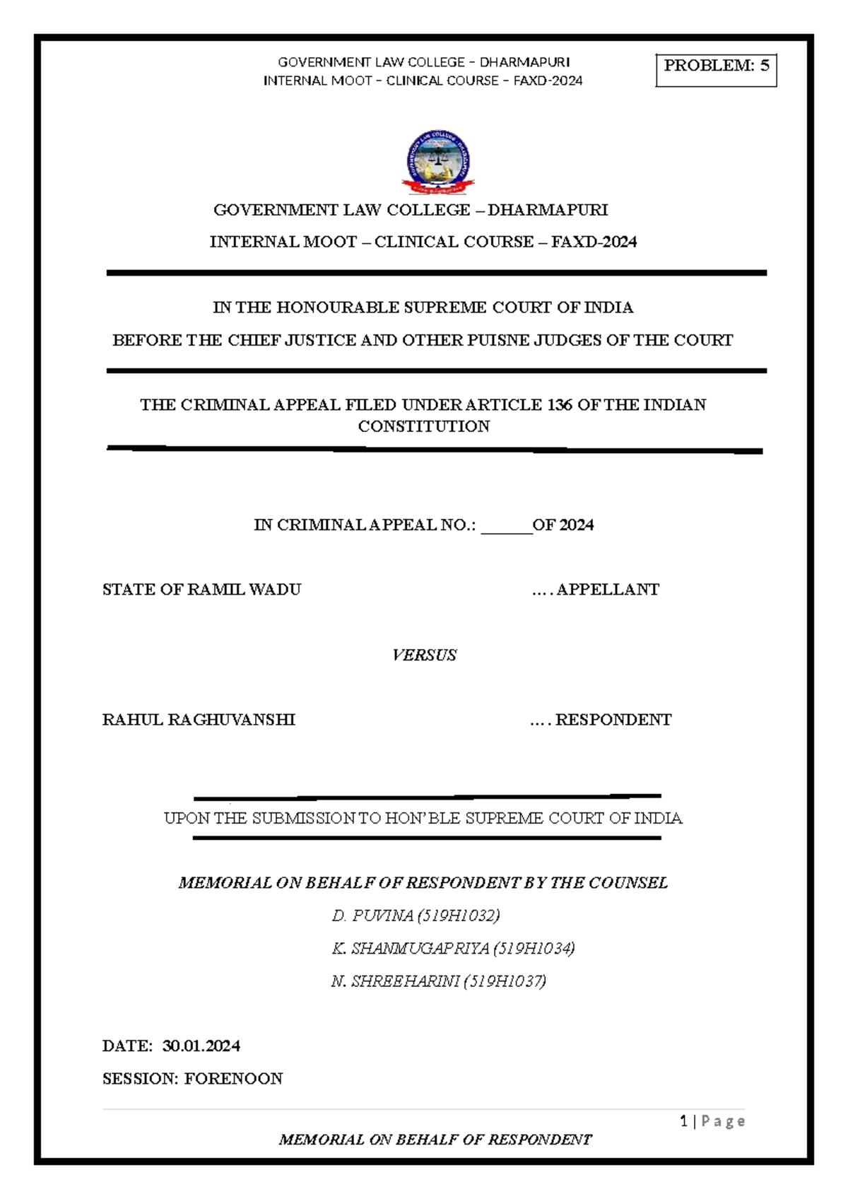 Moot Memorial Revised - INTERNAL MOOT – CLINICAL COURSE – FAXD ...