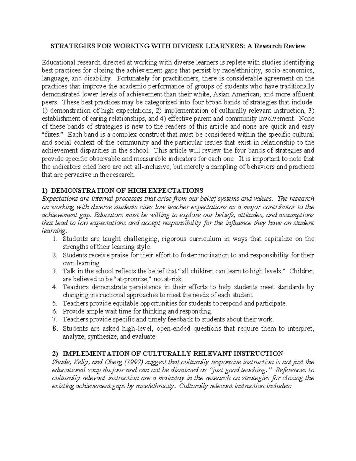 Strategies for Working with Diverse Learners - STRATEGIES FOR WORKING ...