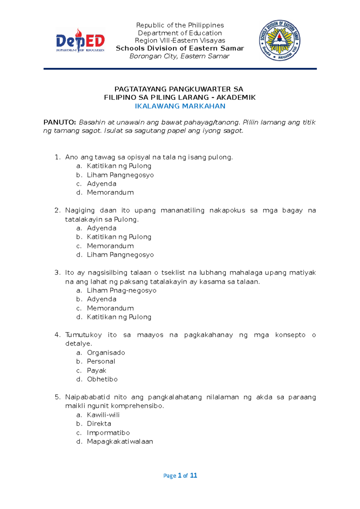 Ikalawang Kwarter Summative TEST Filipino 12 - Department of Education ...