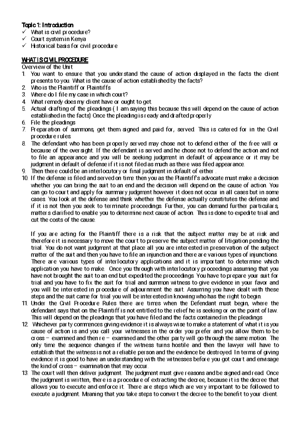 Civil Procedure Notes 1- 20 - Topic 1 :Introduction ...