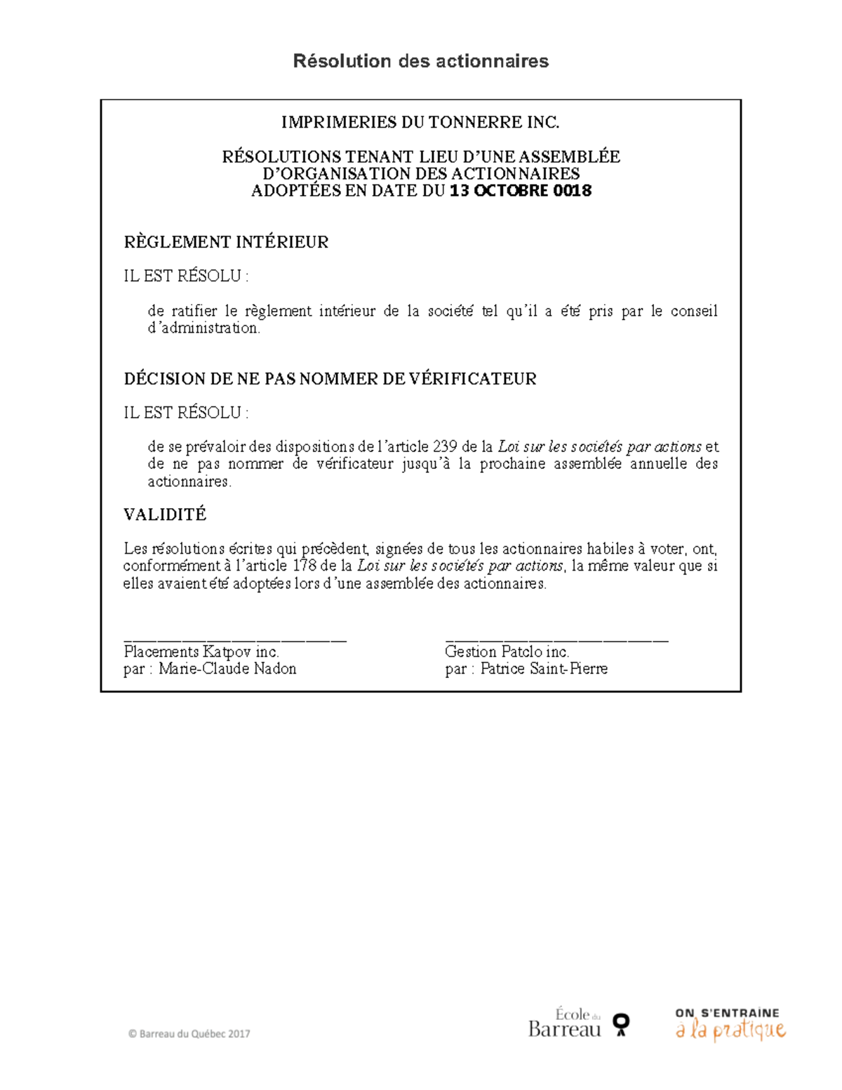 Résolution des actionnaires - Résolution des actionnaires IMPRIMERIES ...