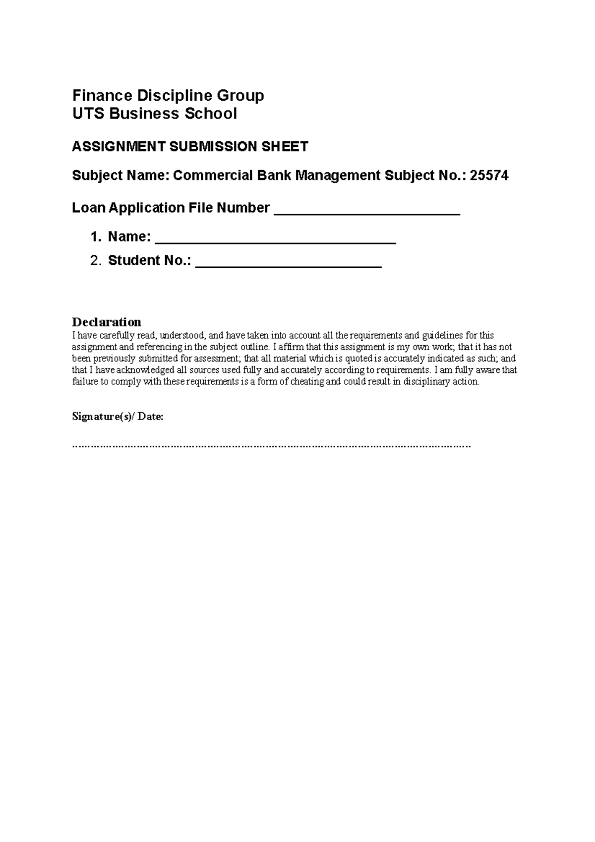 Individual Assignment Cover sheet - Finance Discipline Group UTS ...