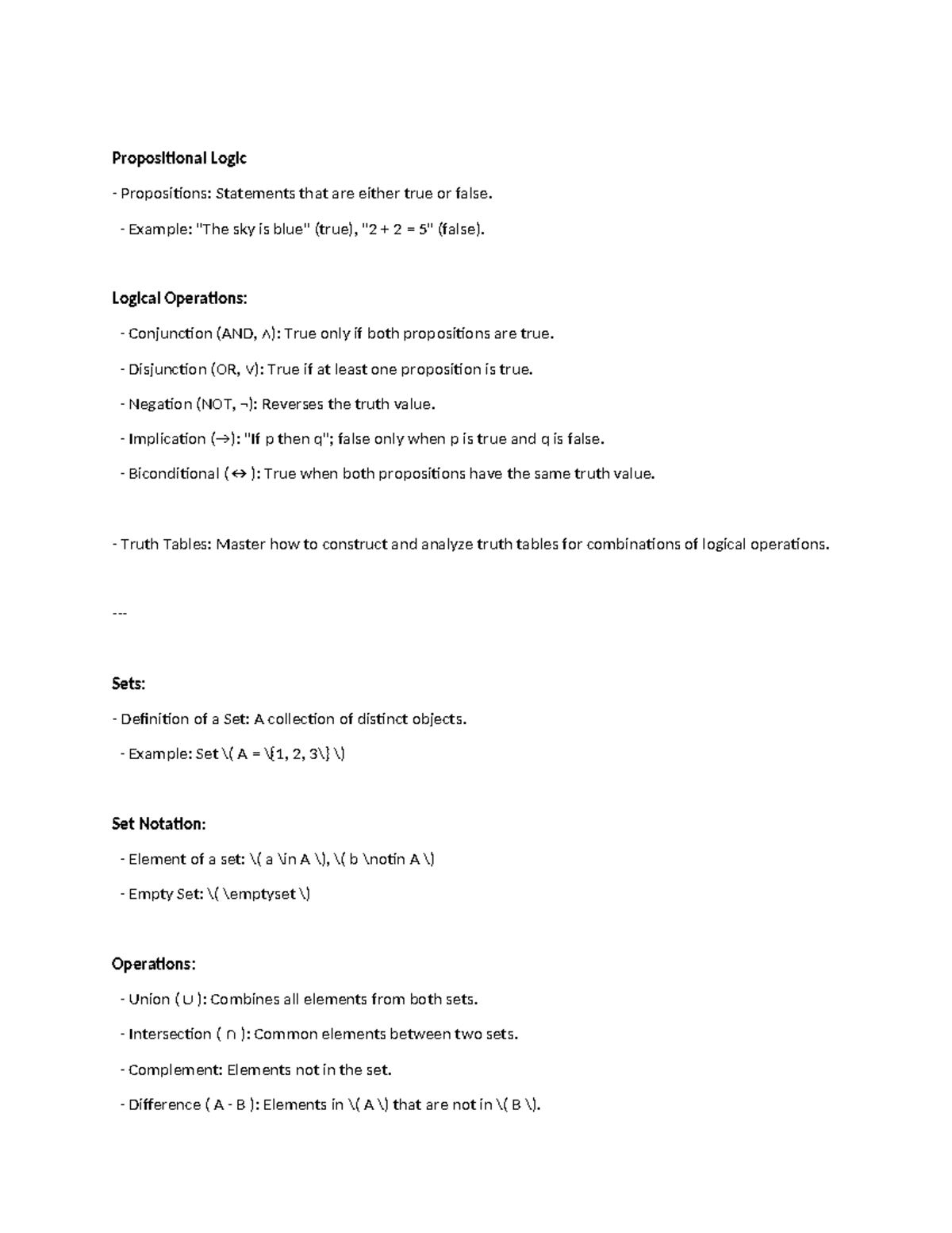 Discrete Structure 1 Prelim - Propositional Logic Propositions: Statements that are either true ...