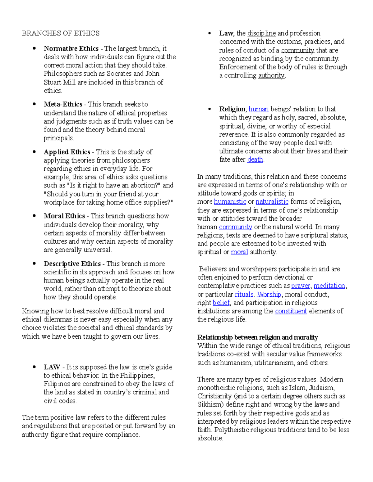 Ethics- Reviewer- Prelims - BRANCHES OF ETHICS Normative Ethics - The ...