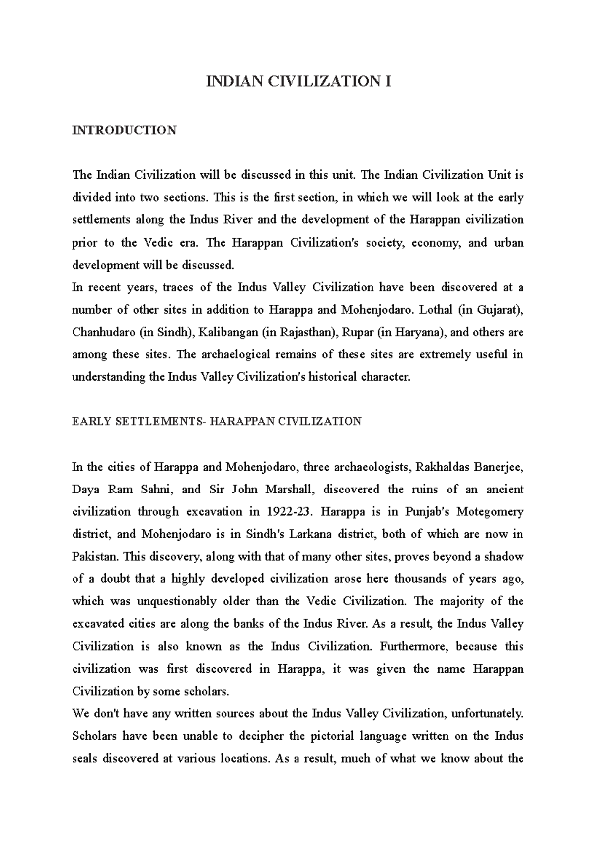 Indian Civilization I - Lecture notes 3 - INDIAN CIVILIZATION I ...