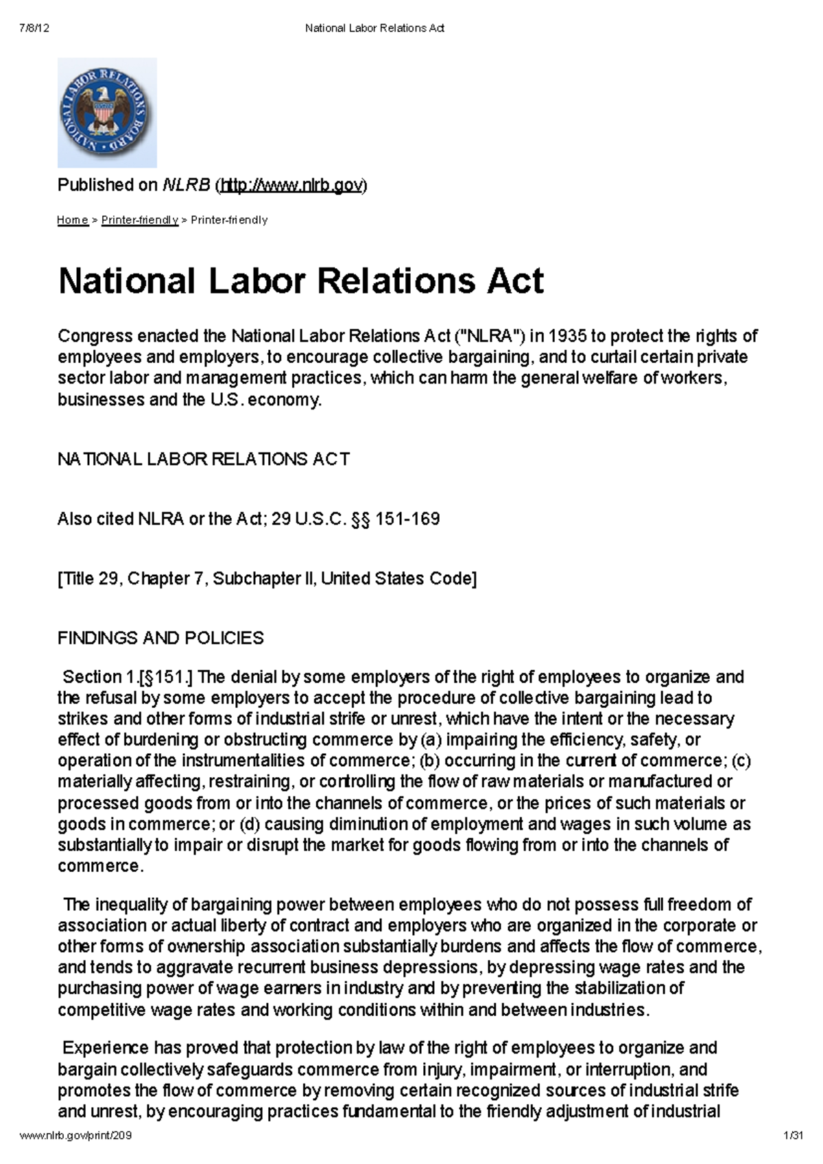 National Labor Relations Act - economy. NATIONAL LABOR RELATIONS ACT ...