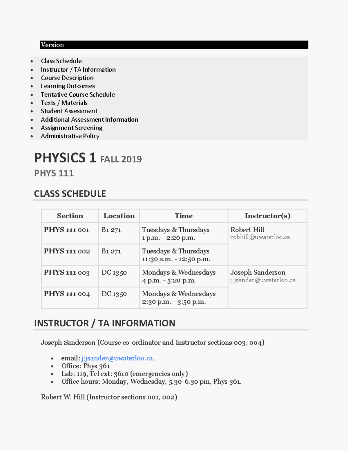 Course Outline - Version Class Schedule Instructor / TA Information ...