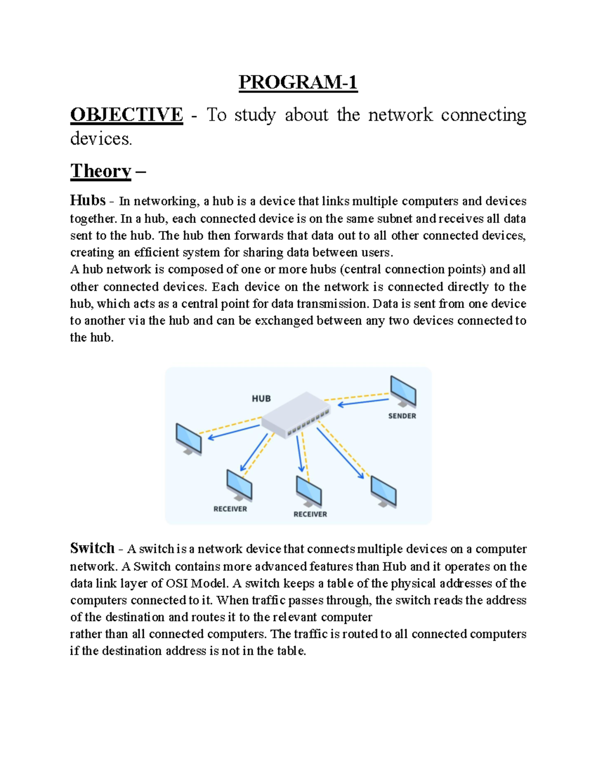 CN 1&2 - PROGRAM- 1 OBJECTIVE - To study about the network connecting devices. Theory – Hubs ...