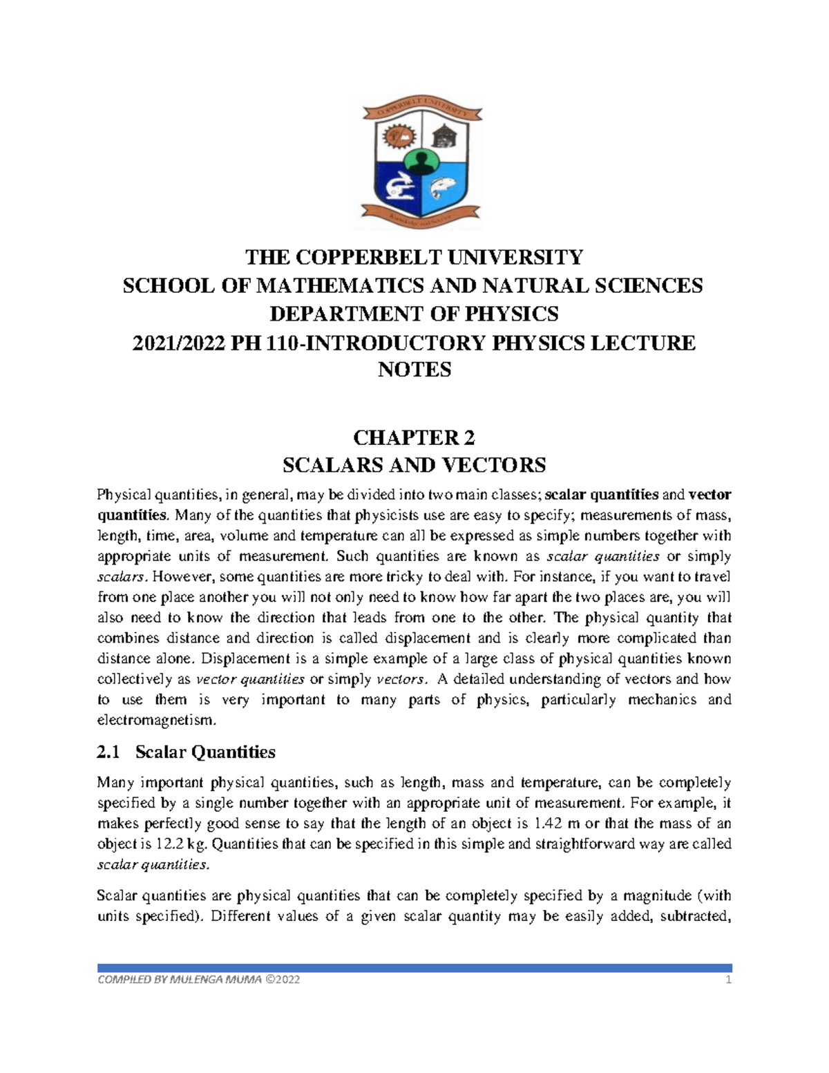 Chapter TWO Scalar AND Vector Quantities-2022 Notes - THE COPPERBELT ...