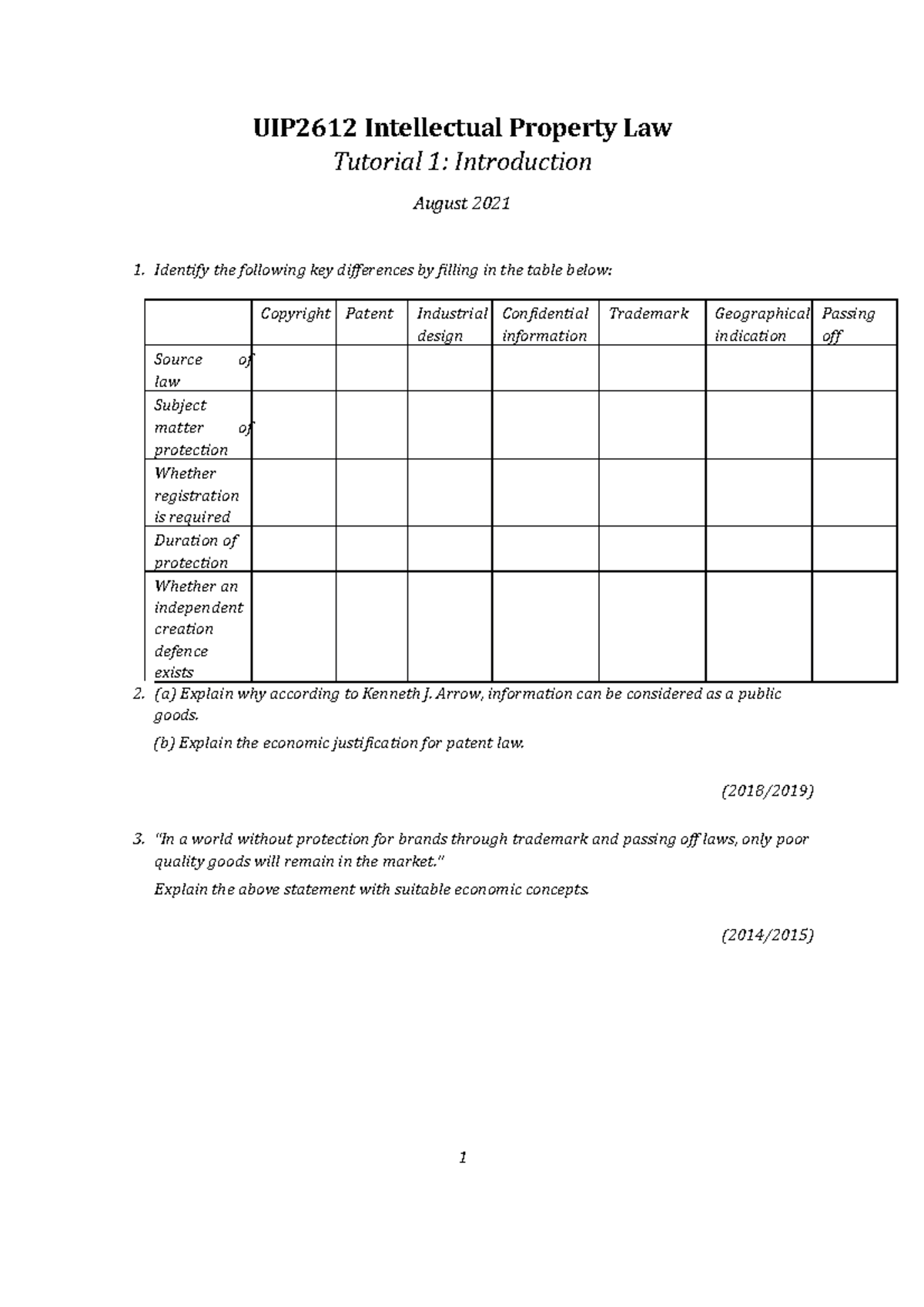 UIP2612 - Tutorial 1 (Introduction) - UIP2612 Intellectual Property Law Tutorial 1: Introduction ...