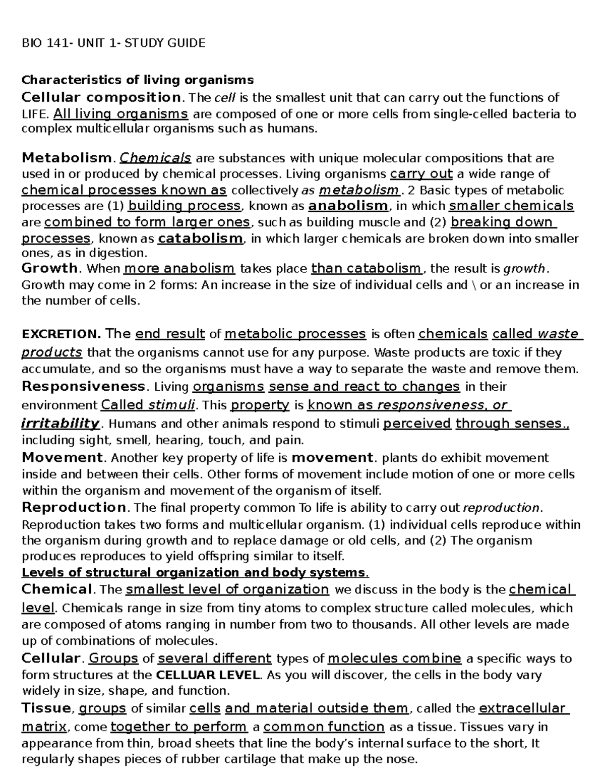 BIO 141- UNIT 1- Study Guide - Characteristics of living organisms ...